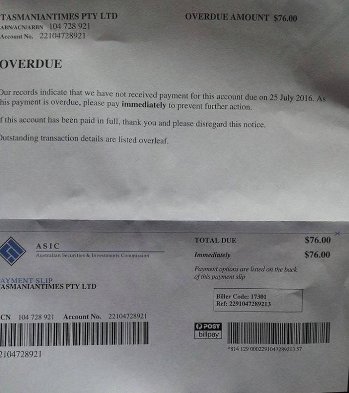 ASIC ... And 'overdue' Payment - Tasmanian Times