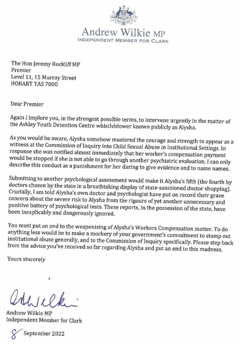 Wilkie: Tas Govt Punishing Ashley Whistleblower - Tasmanian Times