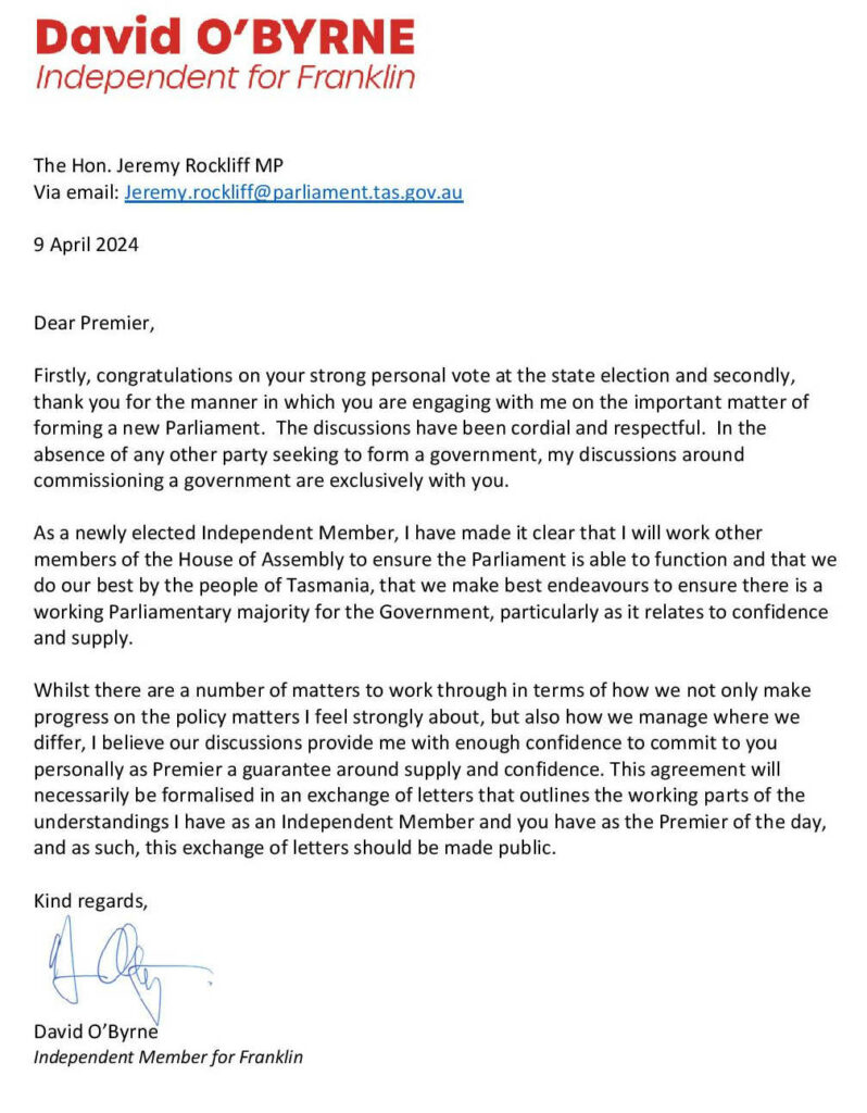 Premier Releases O'Byrne, Johnston Agreement Letters - Tasmanian Times
