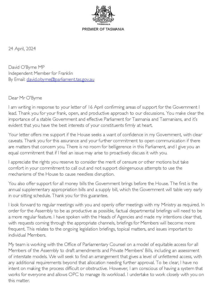 Premier Releases O'Byrne, Johnston Agreement Letters - Tasmanian Times